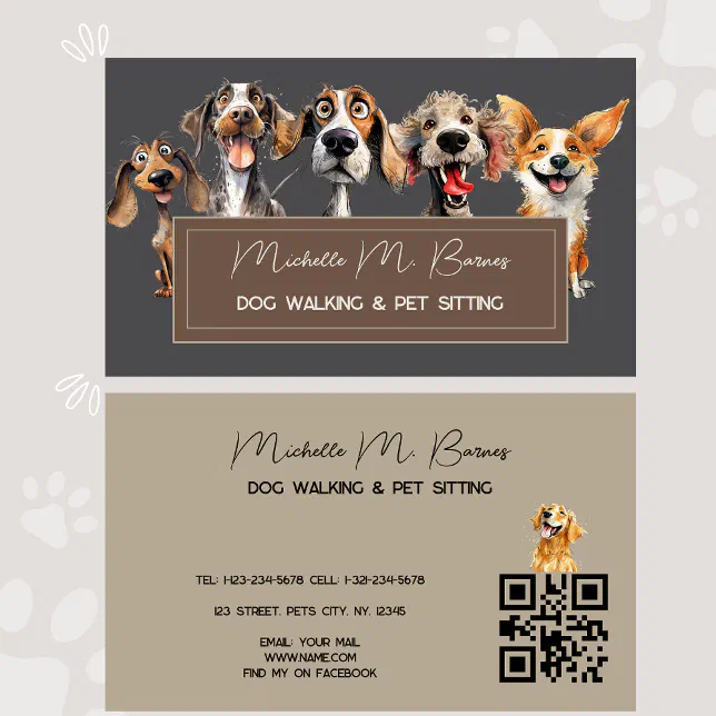 Cute Dog Walker Groomer QR Code Grey Business Card | Zazzle
