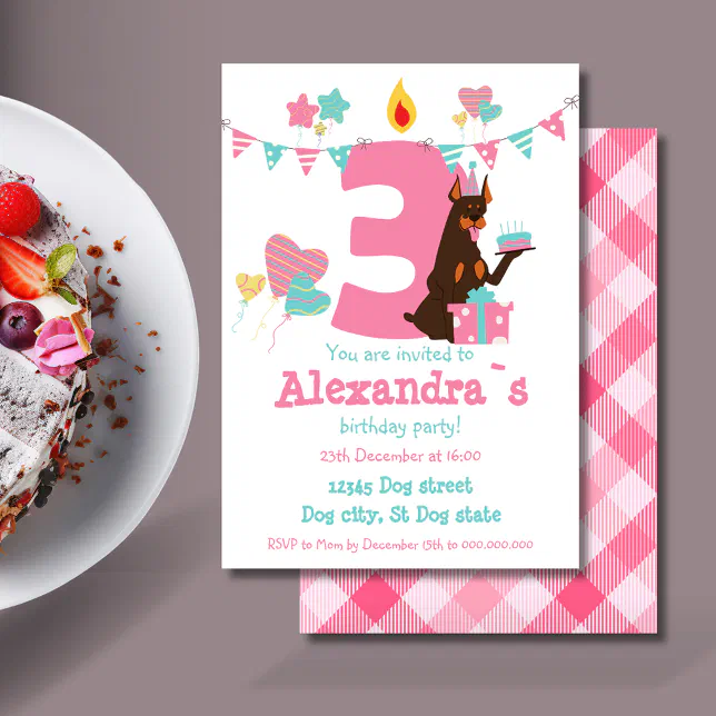 Cute dog with cake next to number Three Birthday Invitation | Zazzle