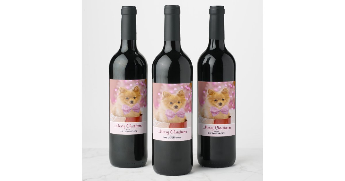 Cute Dog with Pink Bow Christmas Photograph Wine Label | Zazzle