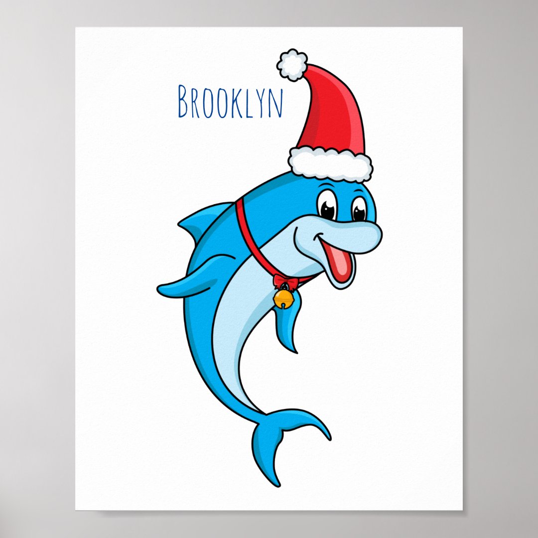 Cute dolphin with Santa hat cartoon Poster | Zazzle