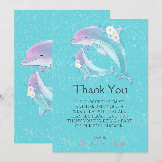 Cute Dolphins Girl Baby Shower Thank You Card | Zazzle