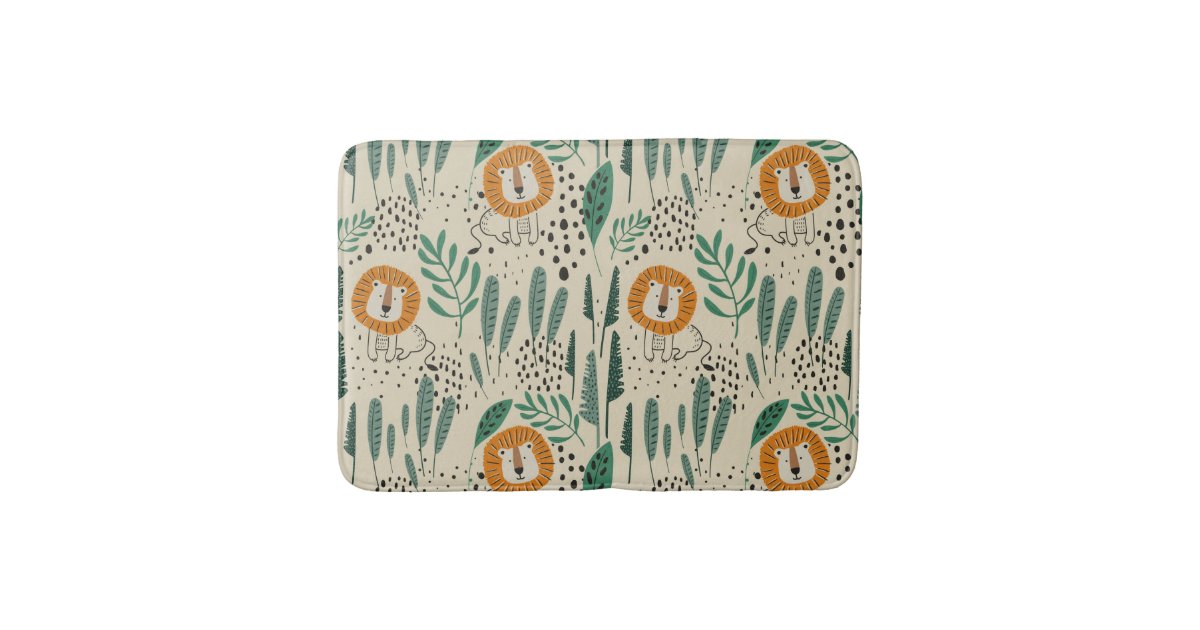 Cute Doodle Lion Jungle Rainforest Pattern Bath Mat | Zazzle
