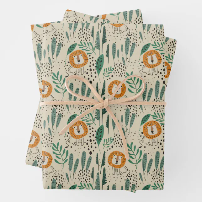 Cute Doodle Lion Jungle Rainforest Pattern Wrapping Paper Sheets | Zazzle
