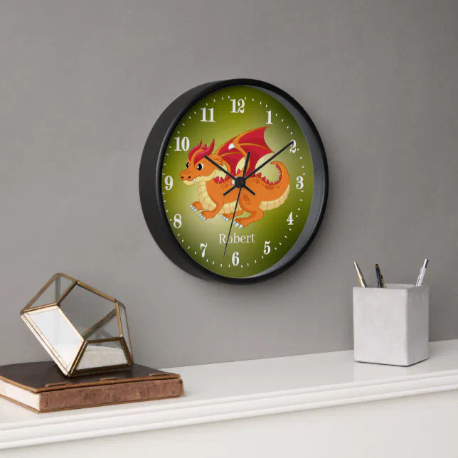 cute dragon add name kids Large Clock | Zazzle