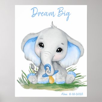 Cute Dream Big Blue Elephant Personalized Poster | Zazzle