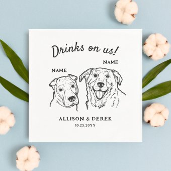 Cute Drinks On Us 2 Dogs Wedding Cocktail Napkins | Zazzle