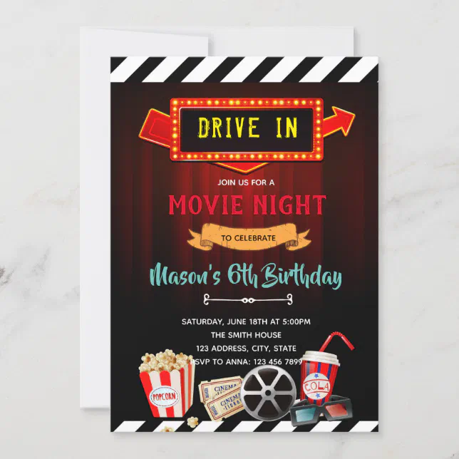 Cute drive in movie night theme party invite | Zazzle