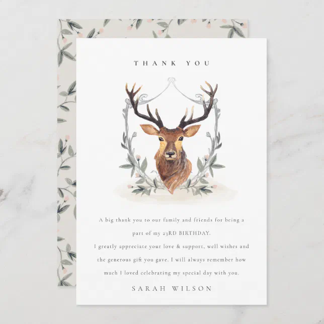 Cute Dusky Deer Floral Crest Any Age Birthday Thank You Card | Zazzle