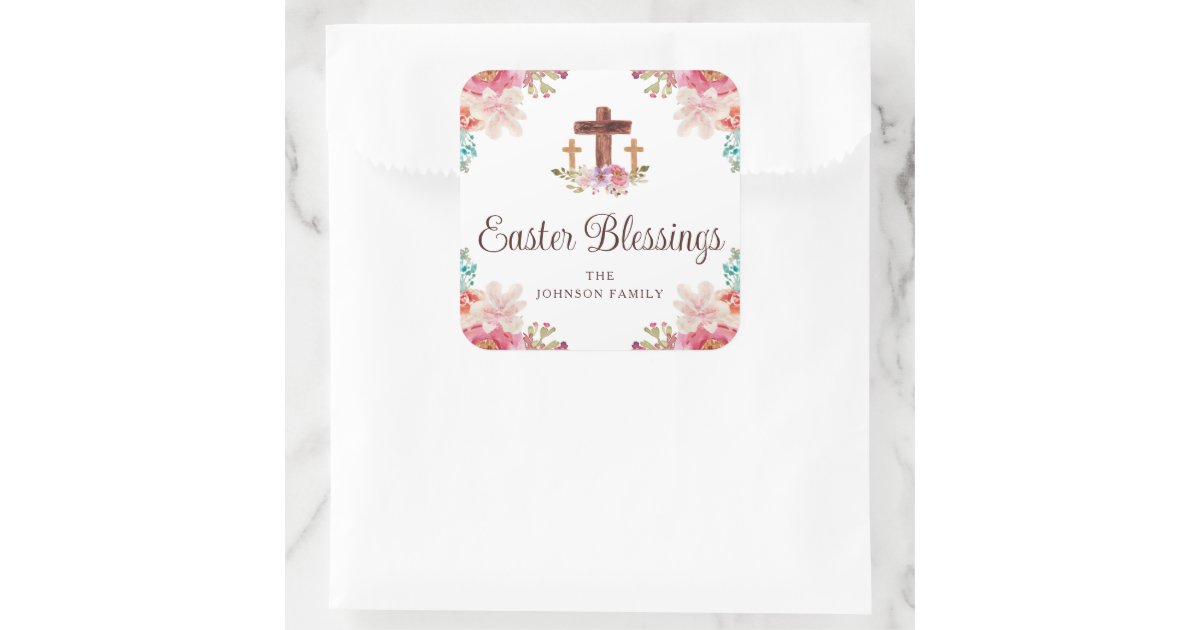 Cute Easter Blessings Floral Cross Square Sticker | Zazzle
