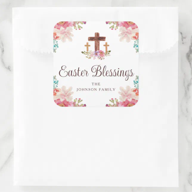 Cute Easter Blessings Floral Cross Square Sticker | Zazzle
