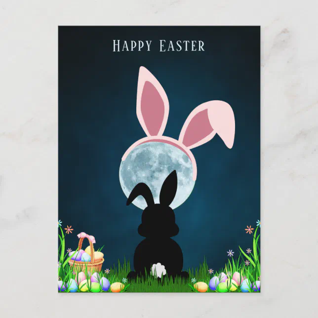 Cute Easter Bunny and Full Moon Happy Easter Postcard | Zazzle