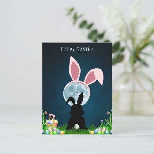 Cute Easter Bunny and Full Moon Happy Easter Postcard | Zazzle