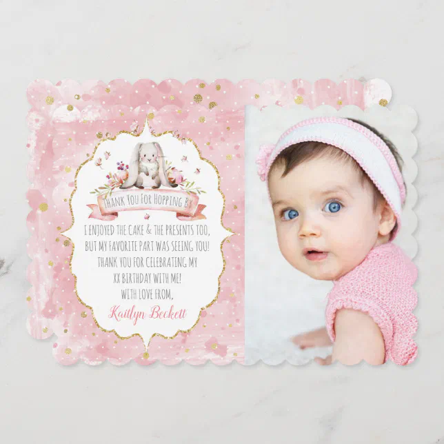 Cute Easter Bunny Birthday Photo Thank You Card | Zazzle
