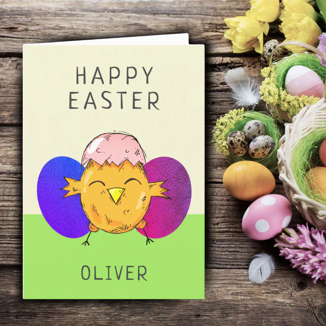 Cute Easter Chick and Eggs Happy Easter Holiday Card | Zazzle