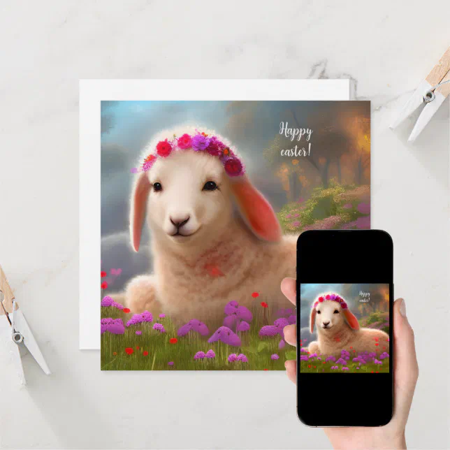 Cute easter lamb with flowers - easter card | Zazzle