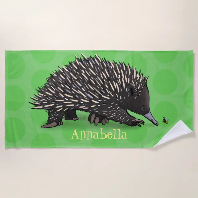 Cute echidna with bee cartoon illustration beach towel | Zazzle