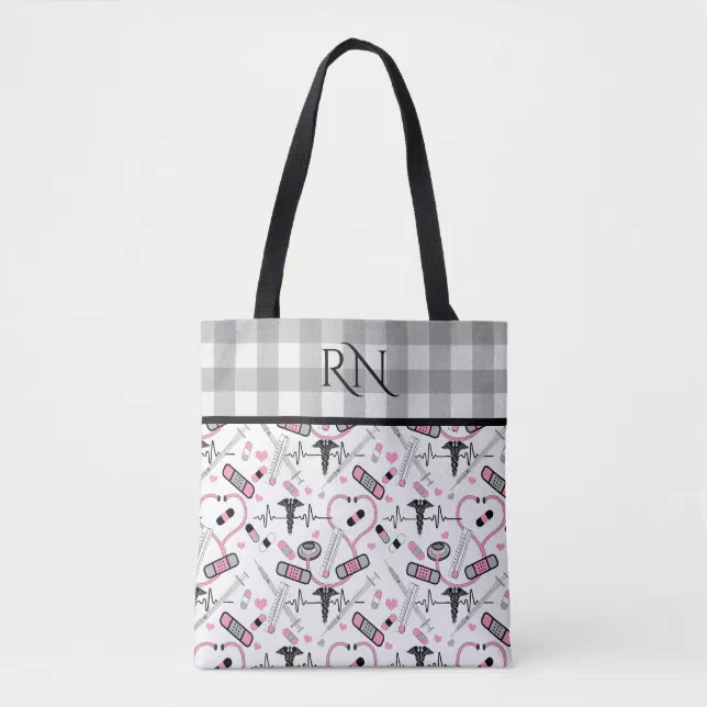 Cute EKG Nurse | Doctor Med Pattern Monogram Tote Bag | Zazzle