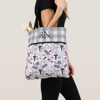 Cute EKG Nurse | Doctor Med Pattern Monogram Tote Bag | Zazzle