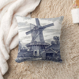 Cute Elegant Antique Delft Blue Dutch Windmill Throw Pillow | Zazzle