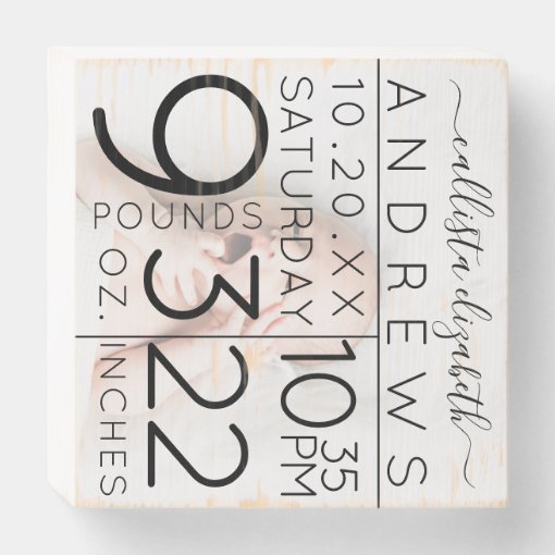 Cute Elegant Birth Stats New Baby Photo Wooden Box Sign | Zazzle