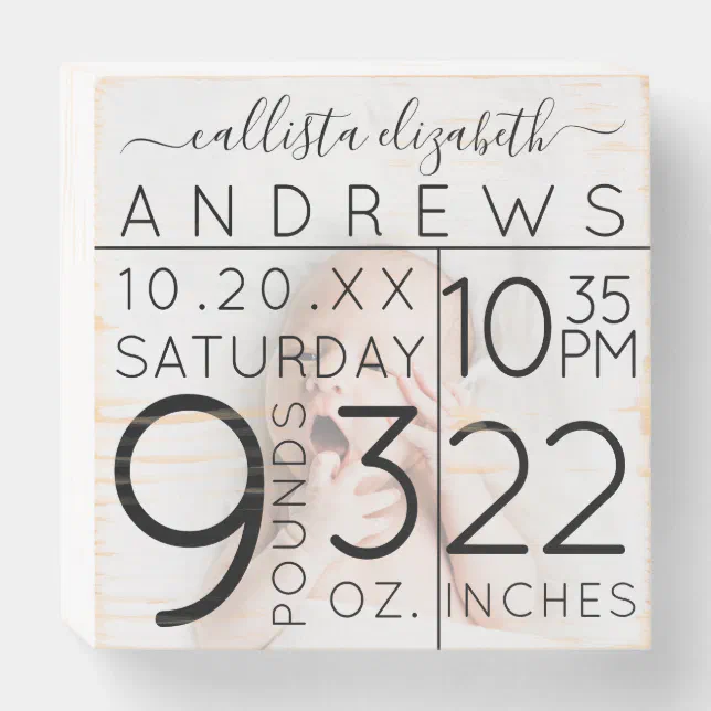 Cute Elegant Birth Stats New Baby Photo Wooden Box Sign | Zazzle