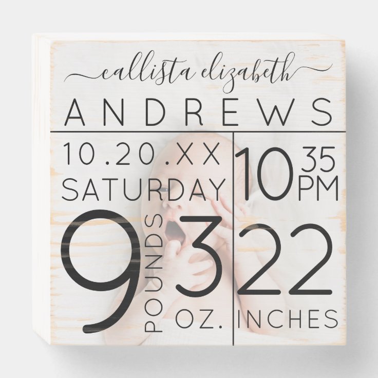 Cute Elegant Birth Stats New Baby Photo Wooden Box Sign | Zazzle