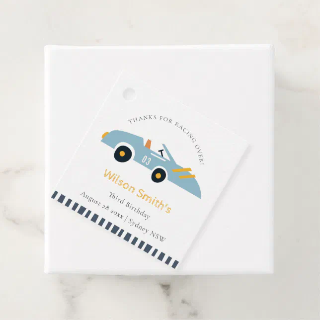 Cute Elegant Blue Race Car Kids Any Age Birthday Favor Tags | Zazzle
