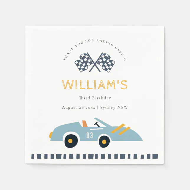 Cute Elegant Blue Race Car Kids Any Age Birthday Napkins | Zazzle