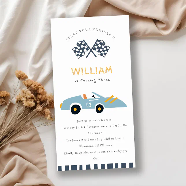 Cute Elegant Race Car Kids Any Age Birthday Invite | Zazzle