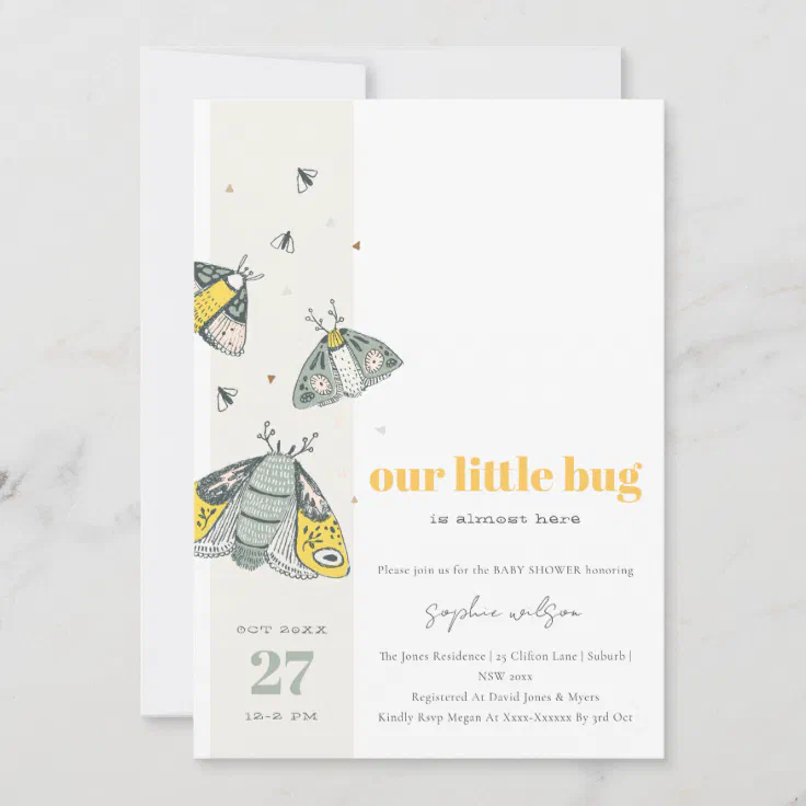 Cute Elegant Yellow Grey Little Bug Baby Shower Invitation | Zazzle