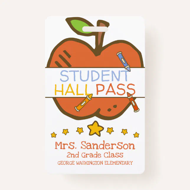Cute Elementary Student Hall Pass w Crayons Apple Badge | Zazzle
