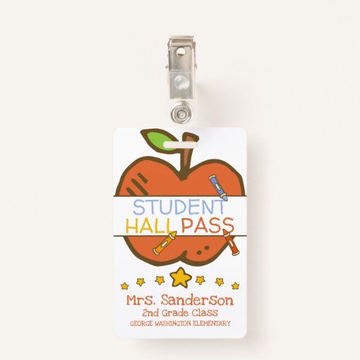 Cute Elementary Student Hall Pass w Crayons Apple Badge | Zazzle