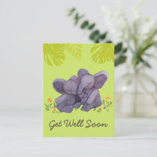 Cute Elephant and Encouragement Get Well Green Pos Postcard | Zazzle