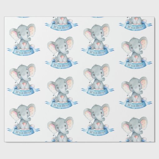Cute Elephant Baby Boy Blue and Gray Wrapping Paper | Zazzle