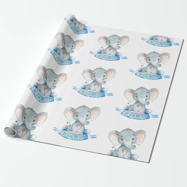 Cute Elephant Baby Boy Blue and Gray Wrapping Paper | Zazzle