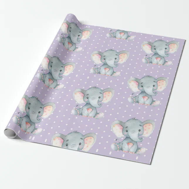 Cute Elephant Baby Girl Purple and Gray Wrapping Paper | Zazzle