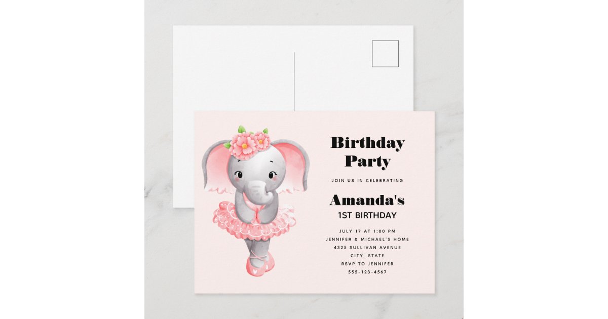 Cute Elephant Ballerina Pink & Gray Birthday Invitation Postcard | Zazzle