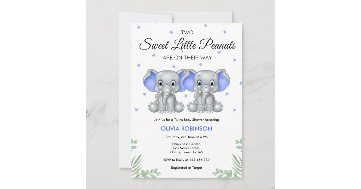 Cute Elephant Blue Twin Boys Baby Shower Invitation | Zazzle
