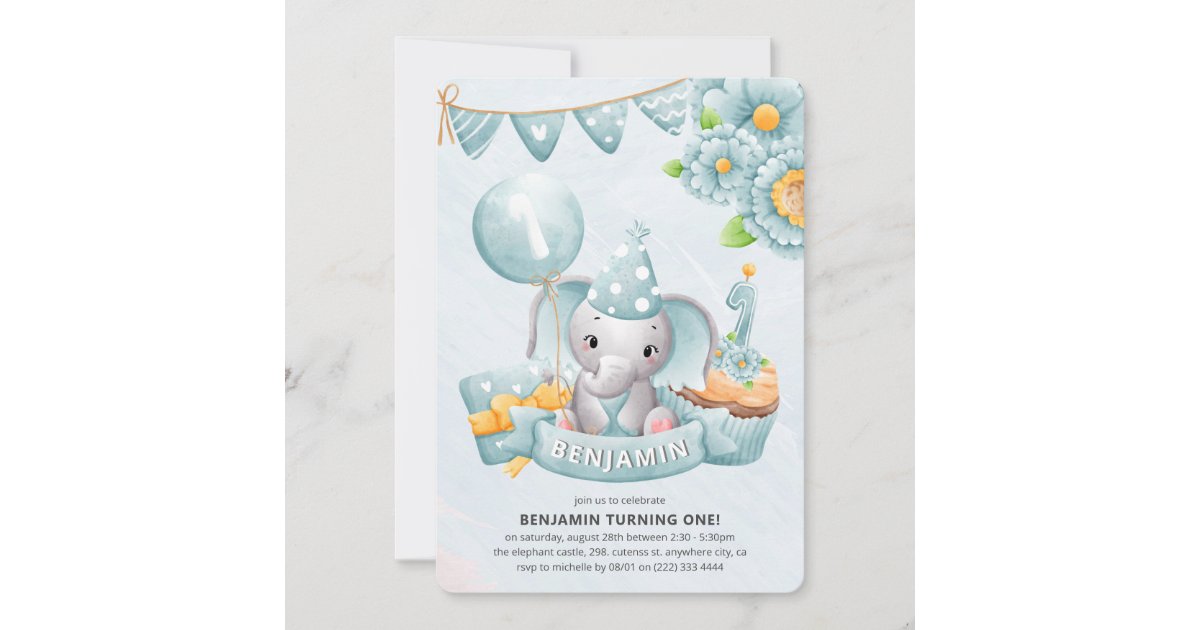 Cute Elephant Boy 1st Birthday Party Invitation | Zazzle