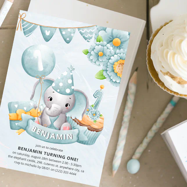 Cute Elephant Boy 1st Birthday Party Invitation | Zazzle