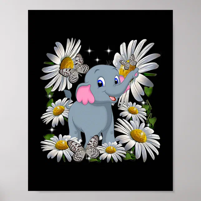 Cute Elephant Daisy Flower Butterfly Poster | Zazzle