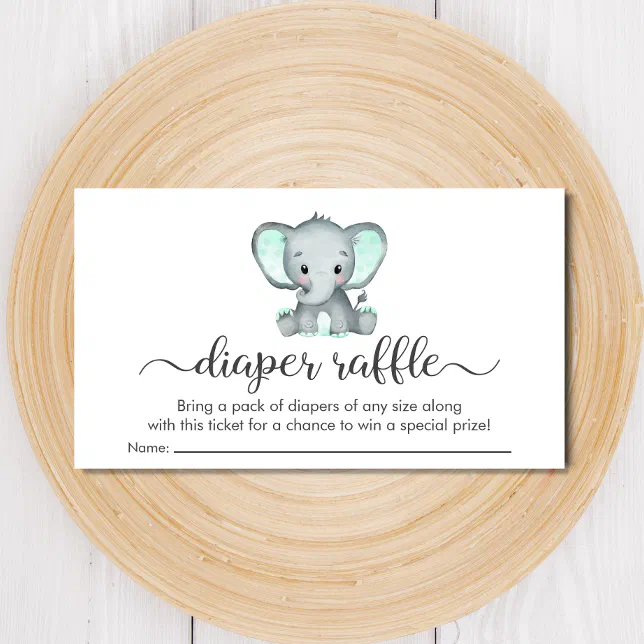 Cute Elephant Diaper Raffle Mint Green Baby Shower Enclosure Card | Zazzle