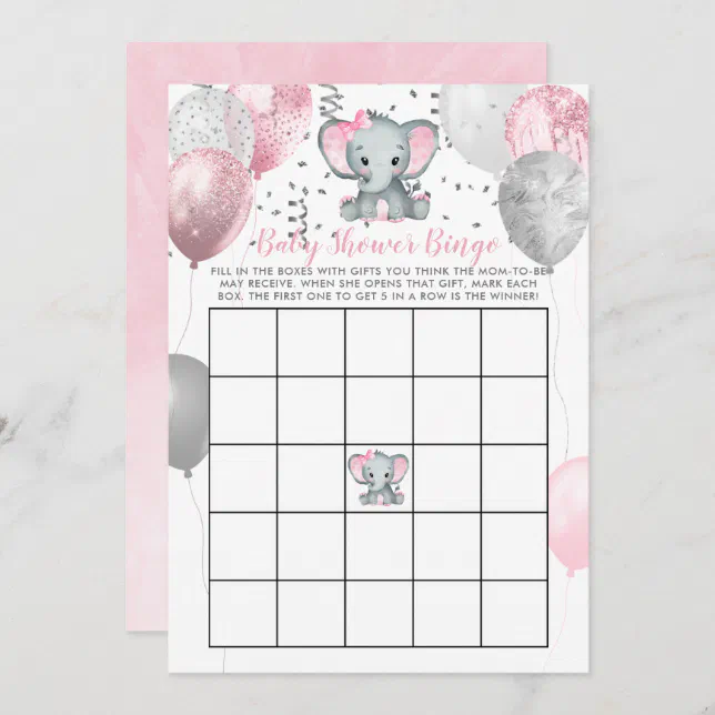 Cute Elephant Girl Balloons Baby Shower Bingo Card | Zazzle