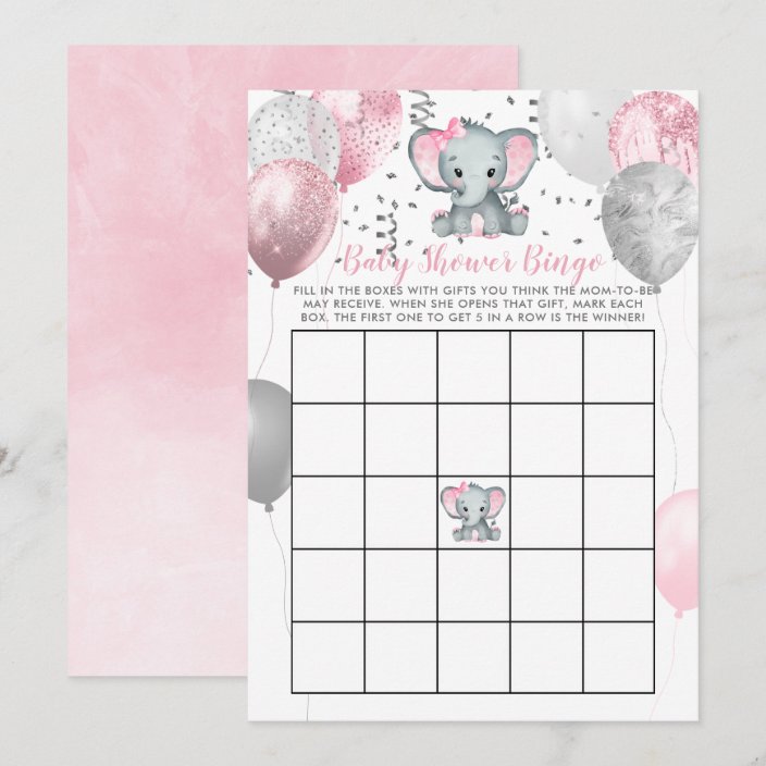 Cute Elephant Girl Balloons Baby Shower Bingo Card | Zazzle