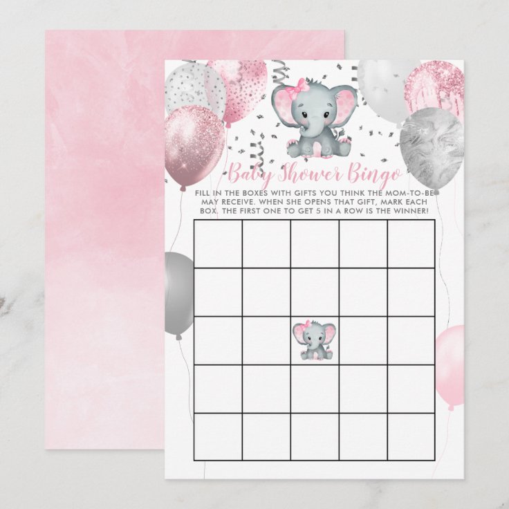 Cute Elephant Girl Balloons Baby Shower Bingo Card | Zazzle