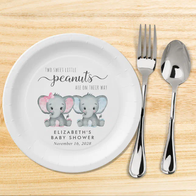 Cute Elephant Girl Boy Twins Baby Shower Paper Plates | Zazzle