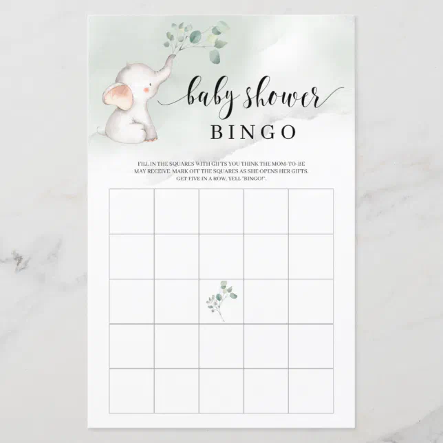Cute elephant greenery baby shower bingo game | Zazzle