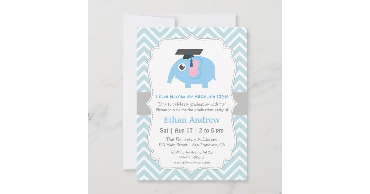 Cute Elephant Kids Kindergarten Graduation Party Invitation | Zazzle