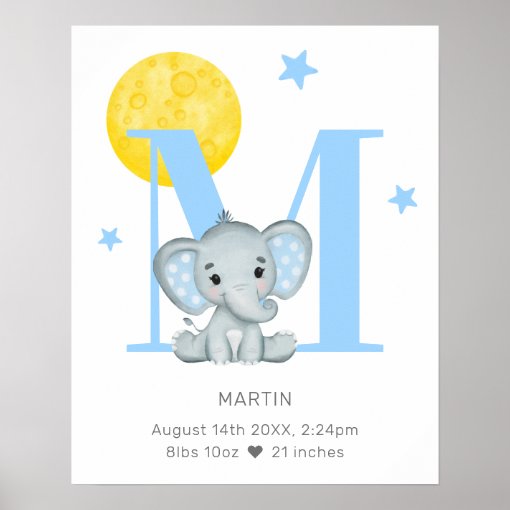 Cute Elephant Letter M Personalized Name Nursery Poster | Zazzle