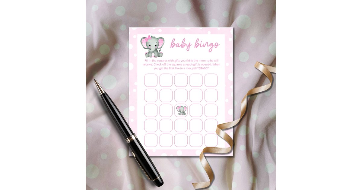 Cute Elephant pink baby bingo game | Zazzle